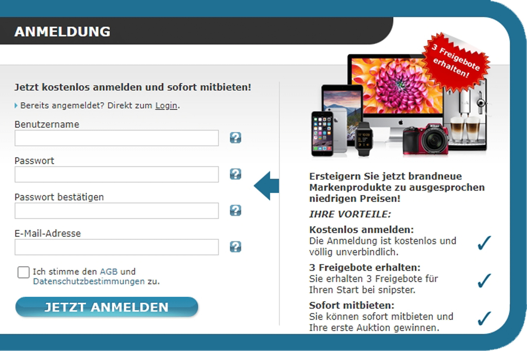 Erhalte 3 Freigebote bei snipster - Gewinnspiele-in-Deutschland.de
